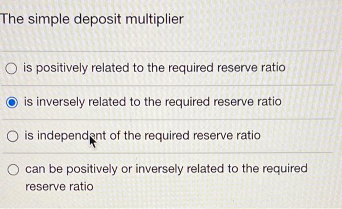 Solved The simple deposit multiplier O is positively related | Chegg.com