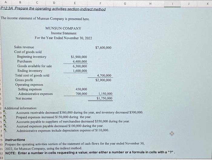 Solved P12.3A Prepare the operating activities | Chegg.com