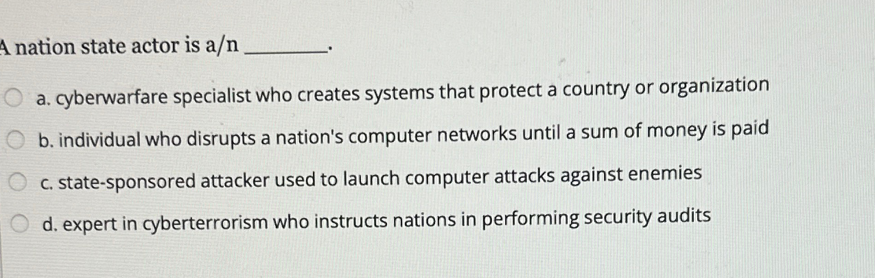 Solved A nation state actor is ana. ﻿cyberwarfare specialist | Chegg.com