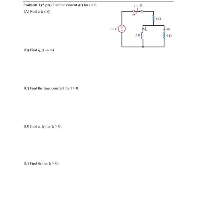 Solved Problem 1 (5 pts) Find the current i(t) for t>0. 1A) | Chegg.com