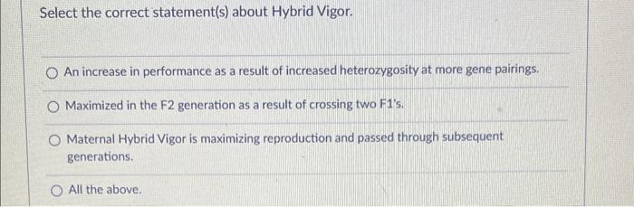 Solved Select the correct statement(s) about Hybrid Vigor. | Chegg.com