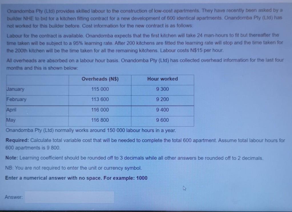 Solved Onandomba Ply (Ltd) provides skilled labour to the | Chegg.com