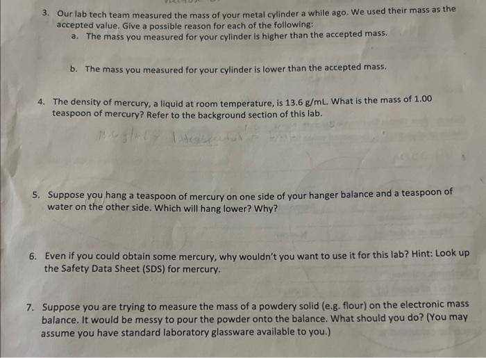 Solved 3. Our lab tech team measured the mass of your metal | Chegg.com
