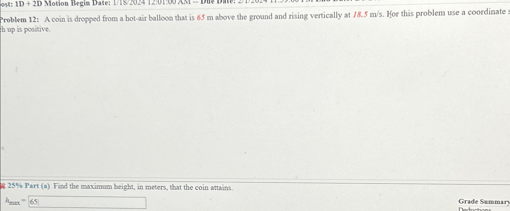 Solved ost: 1D + 2D Motion Begin Date:Problem 12: A coin is | Chegg.com