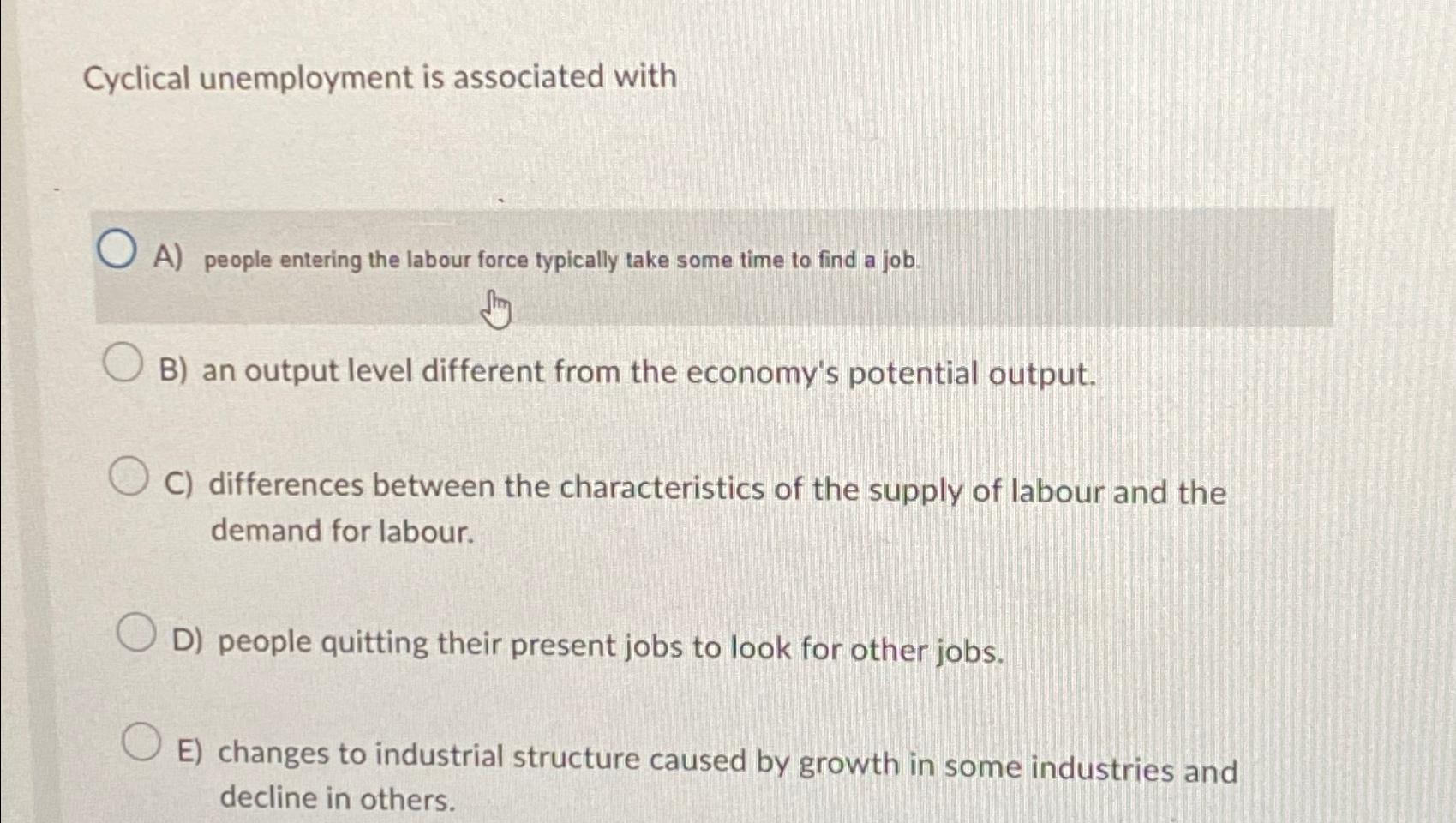 Solved Cyclical unemployment is associated withA) ﻿people | Chegg.com