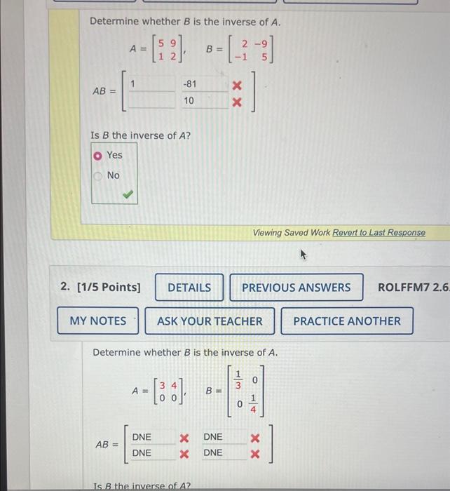 Solved Determine whether B is the inverse of A. | Chegg.com