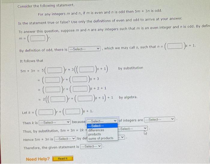 Solved For any integers m and n, if m ts even and n is odd | Chegg.com