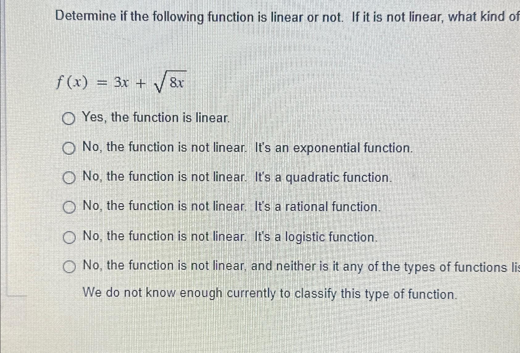 Solved Determine if the following function is linear or not. | Chegg.com