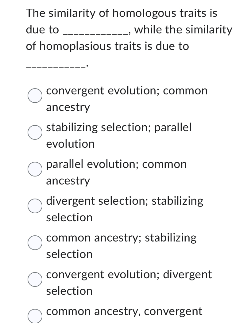 Solved The similarity of homologous traits is due to while | Chegg.com