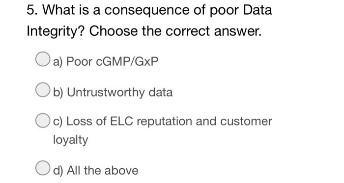 Solved 5. What is a consequence of poor Data Integrity? | Chegg.com