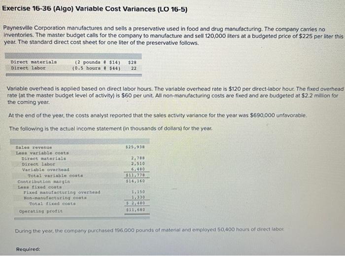 Solved Exercise 16-36 (Algo) Variable Cost Variances (LO | Chegg.com