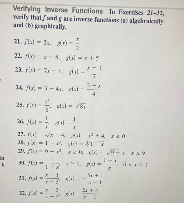 Solved Verifying Inverse Functions In Exercises 21–32, | Chegg.com