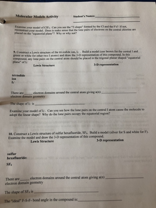 Solved Molecular Models Activity Student's Names: Examine | Chegg.com