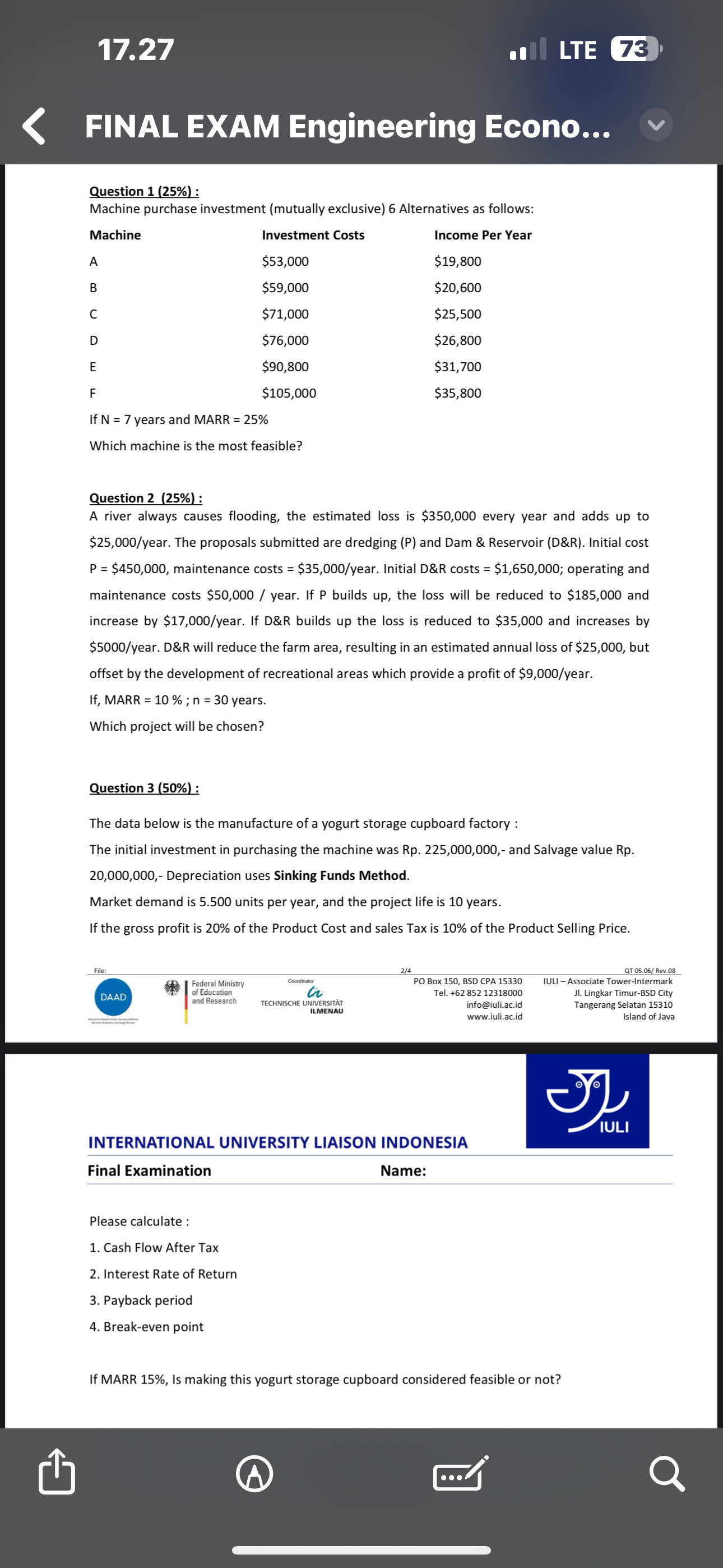 Solved 17.27LTE73FINAL EXAM Engineering Econo...Question | Chegg.com