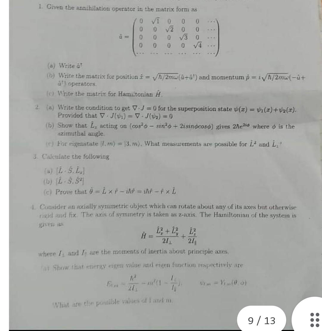 Solved 1. Given the annihilation operator in the matrix form | Chegg.com