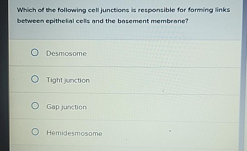 Solved Which of the following cell junctions is responsible | Chegg.com