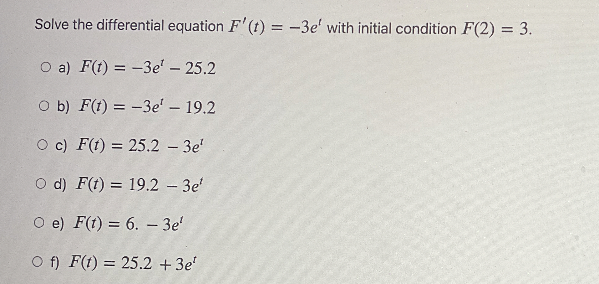 Solved Solve the differential equation F^(')(t)=-3e^(t) with | Chegg.com