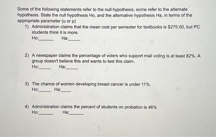 Solved Some of the following statements refer to the null | Chegg.com