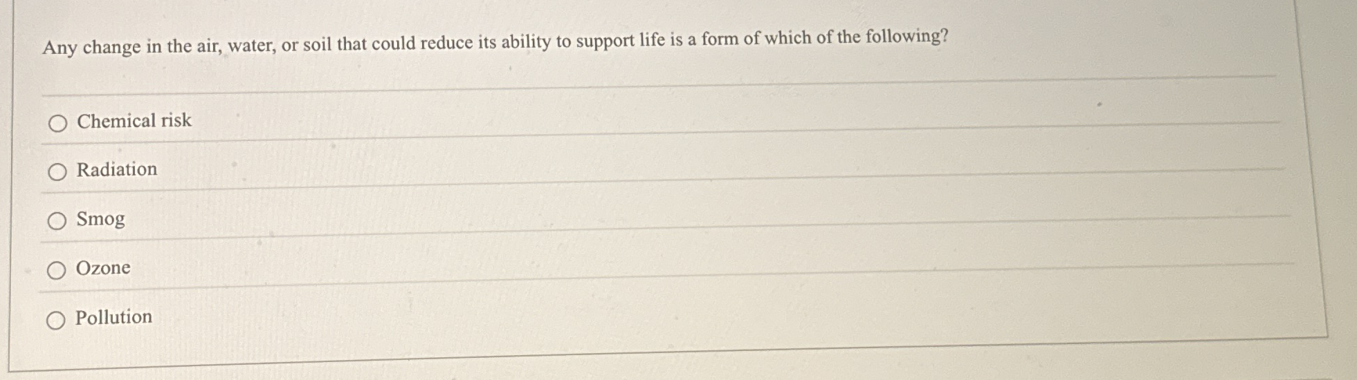 Solved Any change in the air, water, or soil that could | Chegg.com