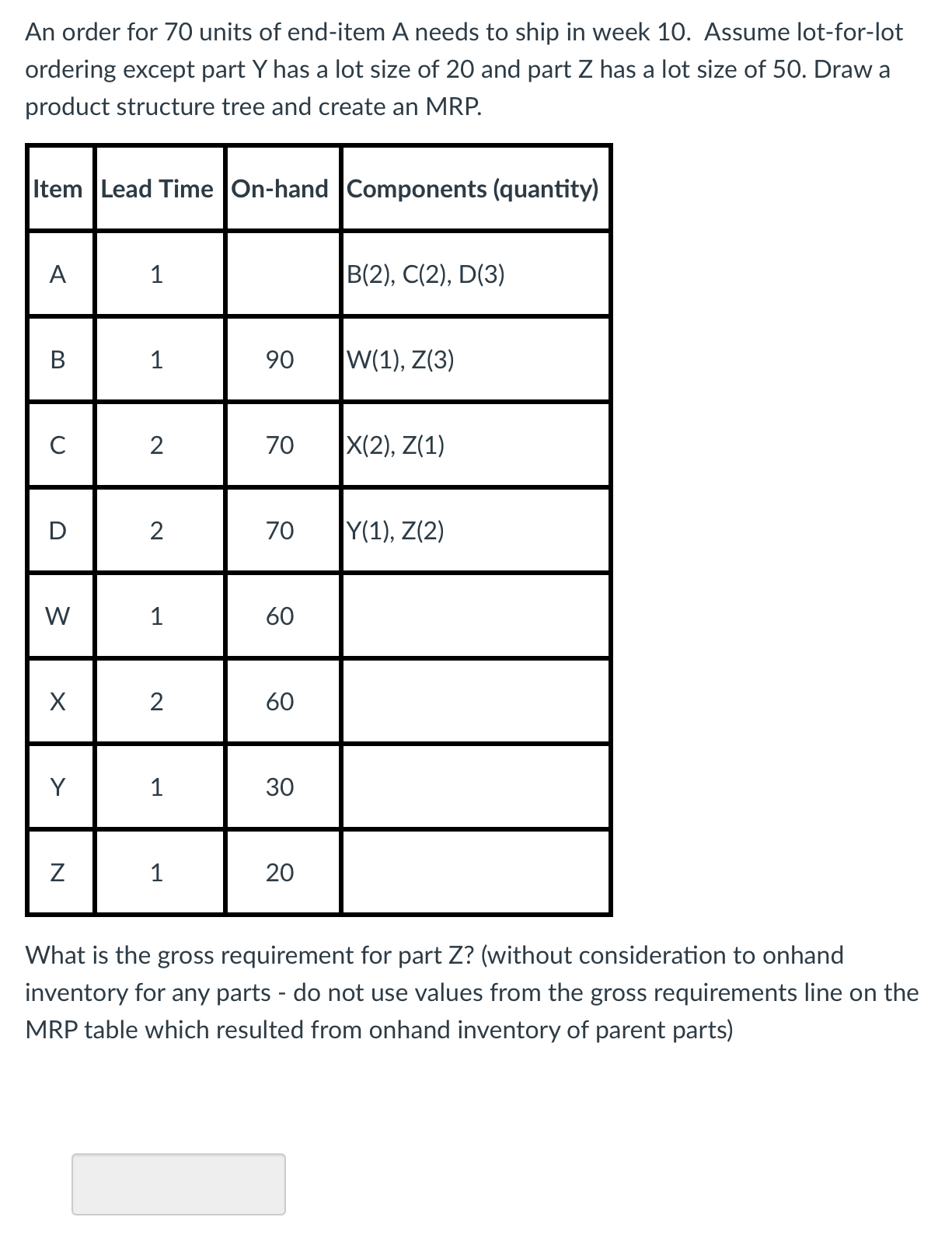 Solved An order for 70 ﻿units of end-item A needs to ship in | Chegg.com