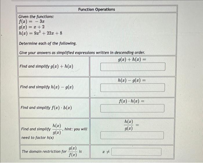 Solved Given the functions: f(x)=−3xg(x)=x+2h(x)=9x2+22x+8 | Chegg.com