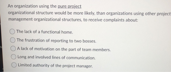 Solved An organization using the pure project organizational | Chegg.com
