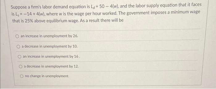Solved Suppose a firm's labor demand equation is Ld=50−4(w), | Chegg.com