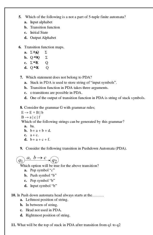 Solved 5. Which of the following is a not a part of 5-tuple | Chegg.com