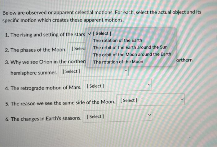 Solved Below are observed or apparent celestial motions. For | Chegg.com