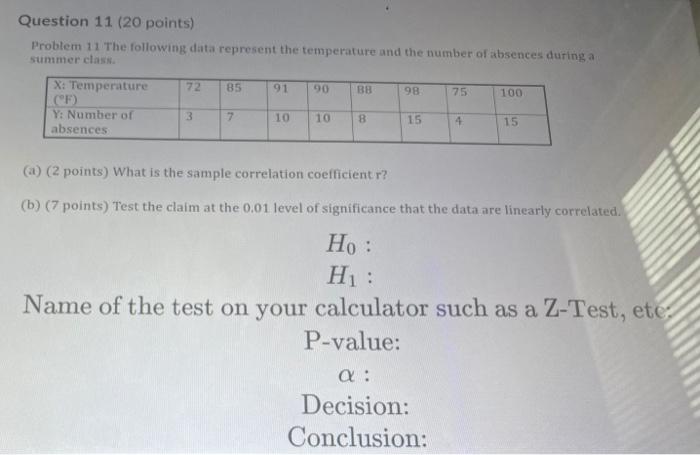 Solved Question 11 (20 points) Problem 11 The following data | Chegg.com