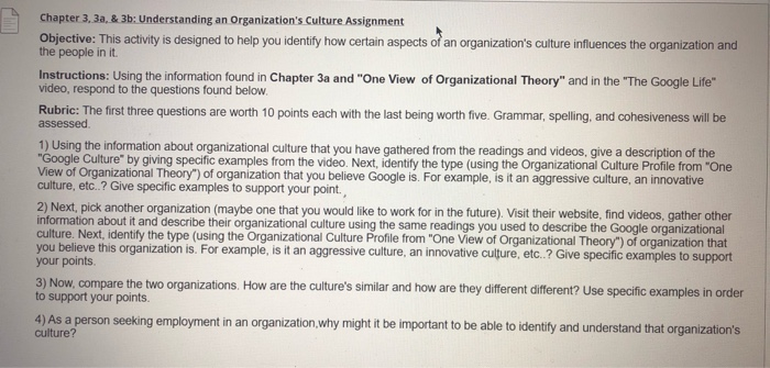 Chapter 3, 3a, & 3: Understanding an Organization's | Chegg.com