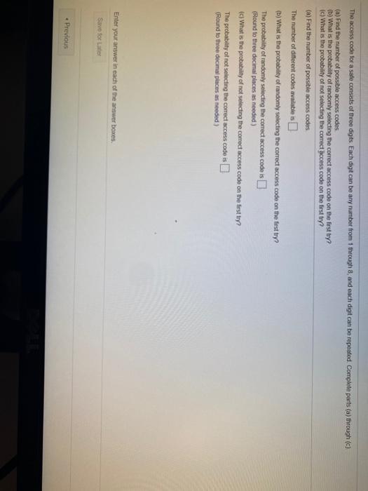 Solved The access code for a safe consists of three digits | Chegg.com