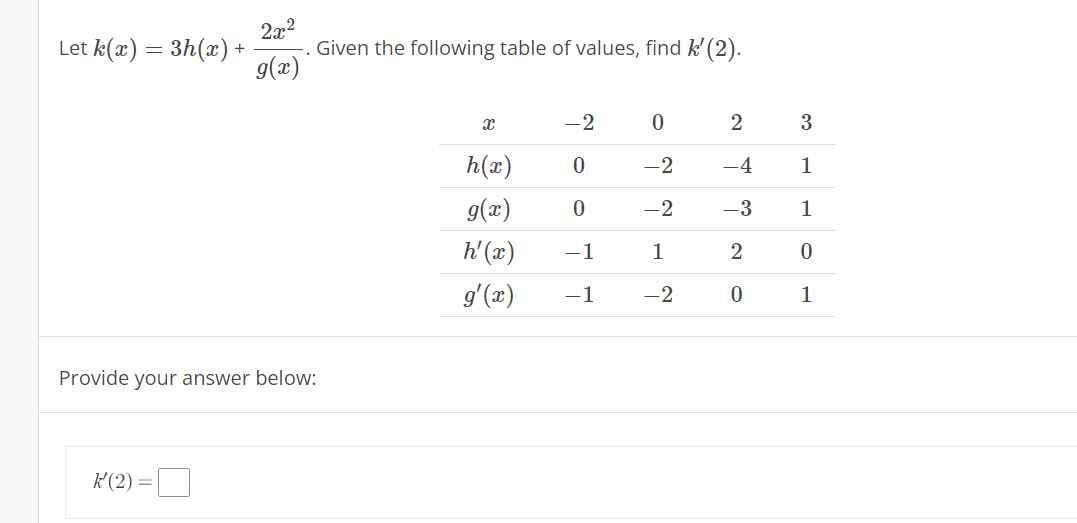 Solved Let k(x)=3h(x)+2x2g(x). ﻿Given the following table of | Chegg.com
