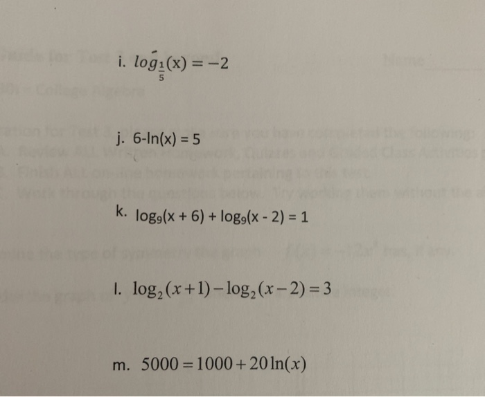 Solved i. loga(x) =-2 j. 6-In(x) 5 K. log9(x +6) + log9(x-2) | Chegg.com