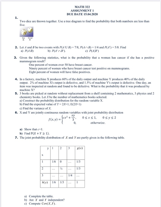 Solved MATH 322 ASSIGNMENT 1 DUE DATE 15.04.2020 Two dice | Chegg.com