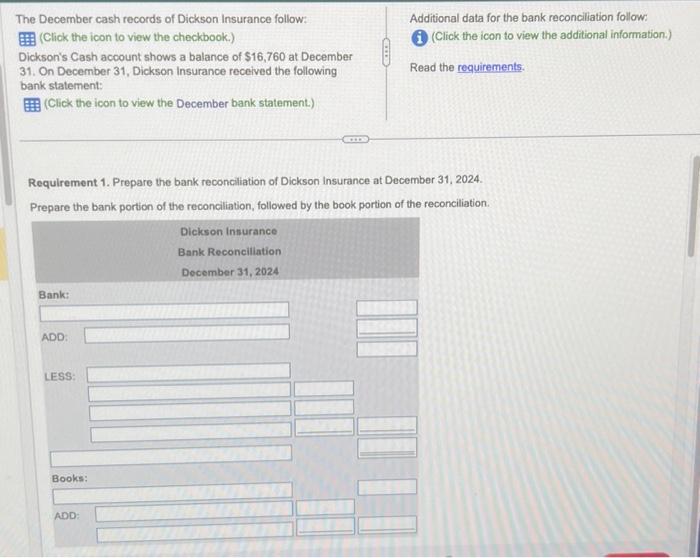 Solved The December cash records of Dickson Insurance | Chegg.com