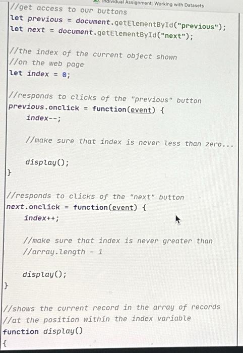 Solved //get access to our buttons let previous = document. | Chegg.com