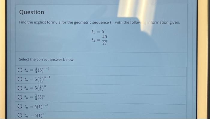 Solved Find the explicit formula for the geometric sequence | Chegg.com