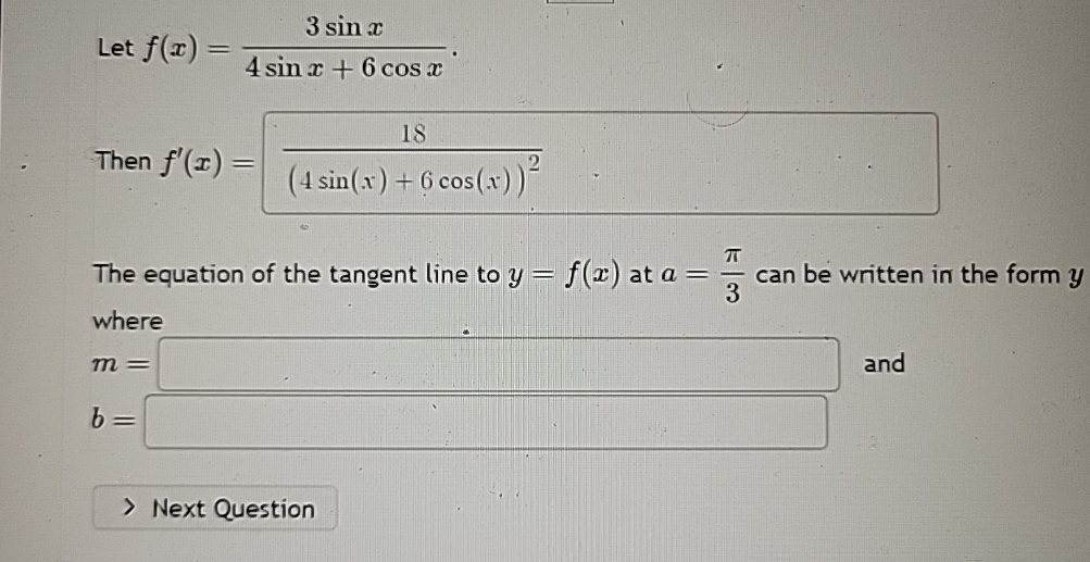Solved Let f(x)=3sinx4sinx+6cosx.Then f'(x)=The equation of | Chegg.com