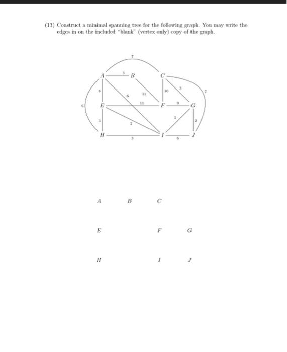 Solved (13) Construct a minimal spanning tree for the | Chegg.com
