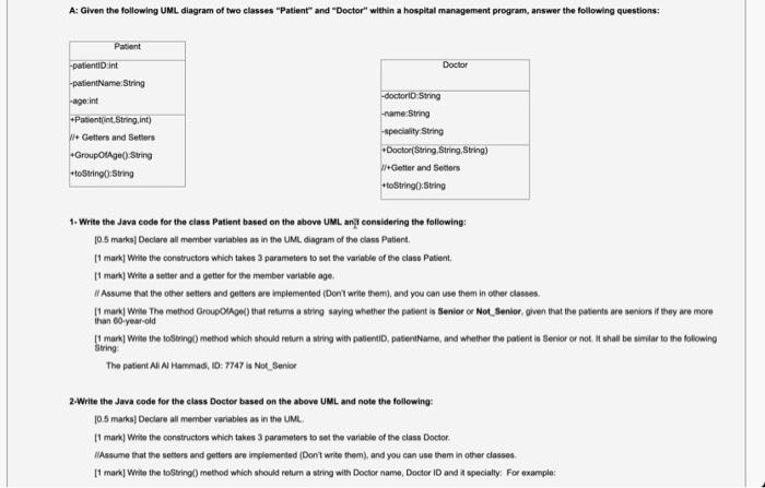 Solved A: Given the following UML diagram of two classes | Chegg.com