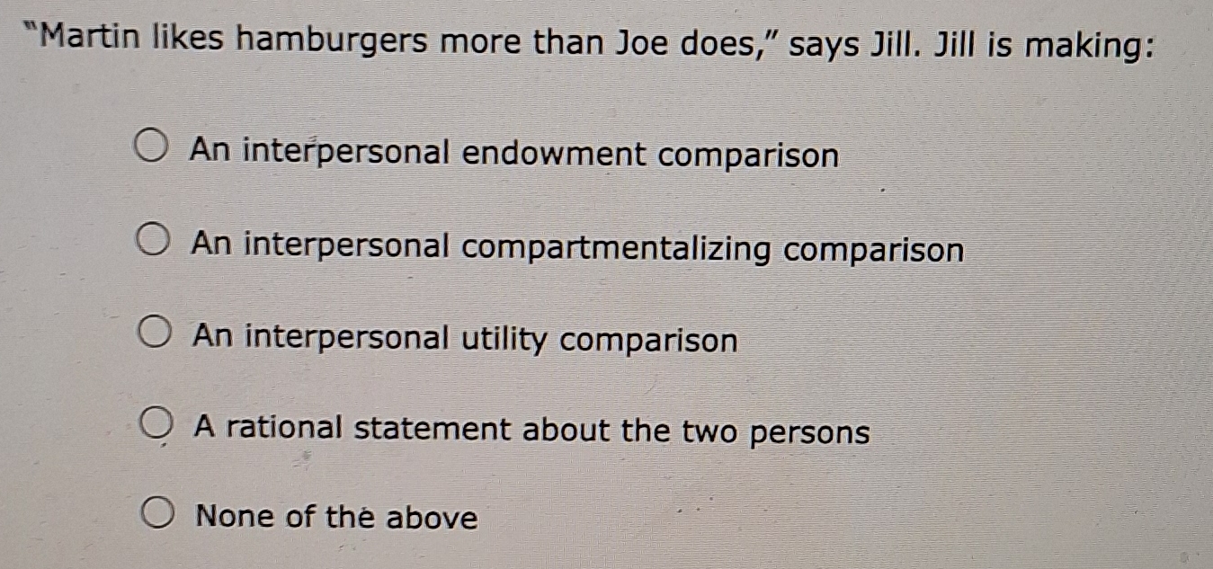 Solved "Martin likes hamburgers more than Joe does," says | Chegg.com