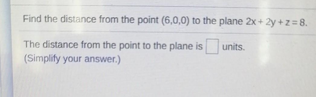 Solved Find the distance from the point (6,0,0) to the plane | Chegg.com