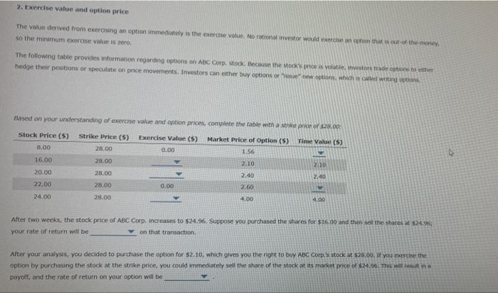 2. Exercise value and option price The value derived | Chegg.com