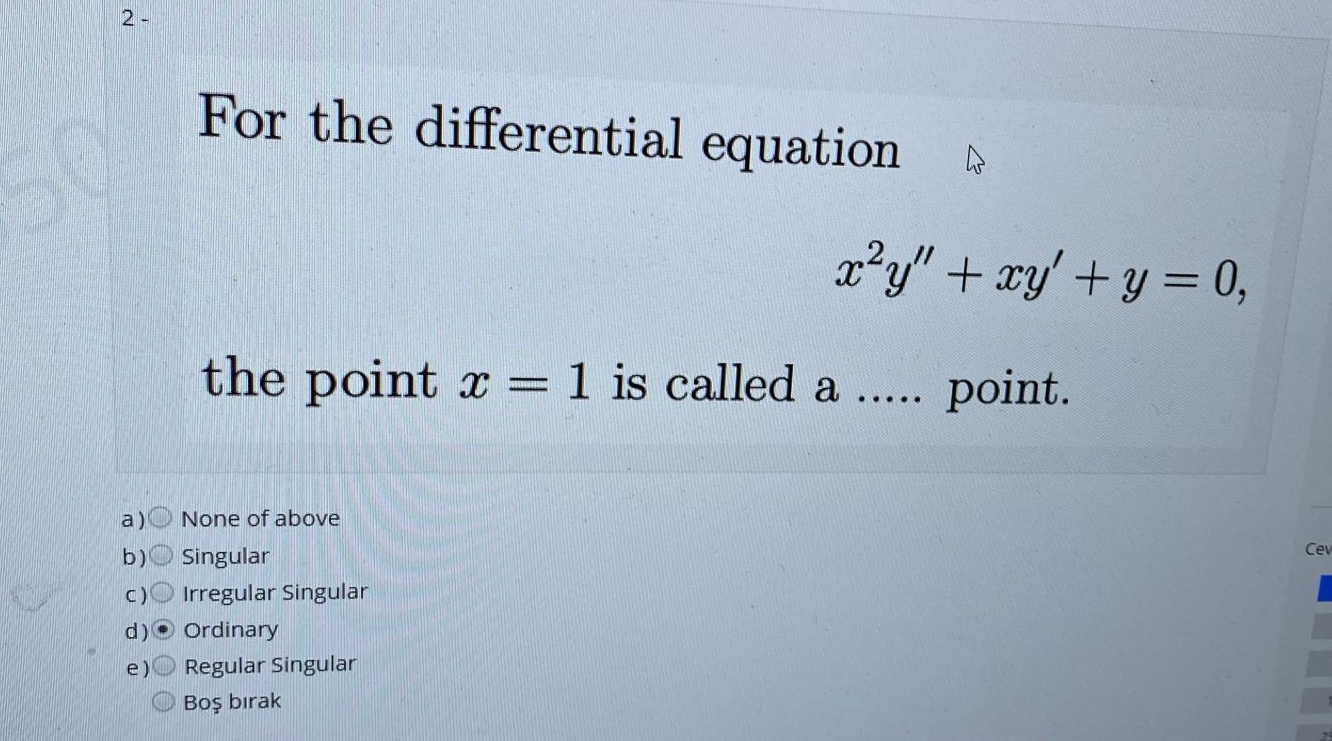 Solved For the differential equationx2y''+xy'+y=0,the point | Chegg.com