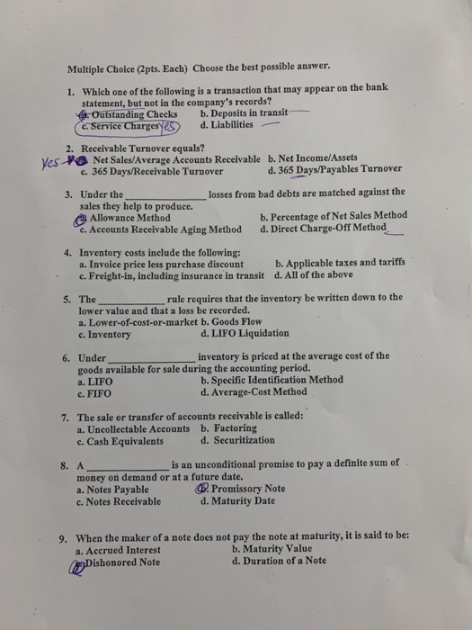 Solved Multiple Choice (2pts. Each) Choose the best possible | Chegg.com