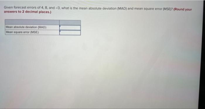Solved Given forecast errors of 4,8 , and -3 , what is the | Chegg.com