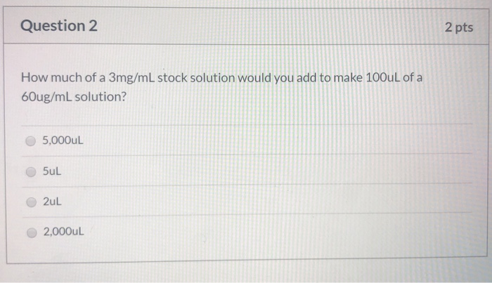 Solved Question 2 2 pts How much of a 3mg/mL stock solution | Chegg.com