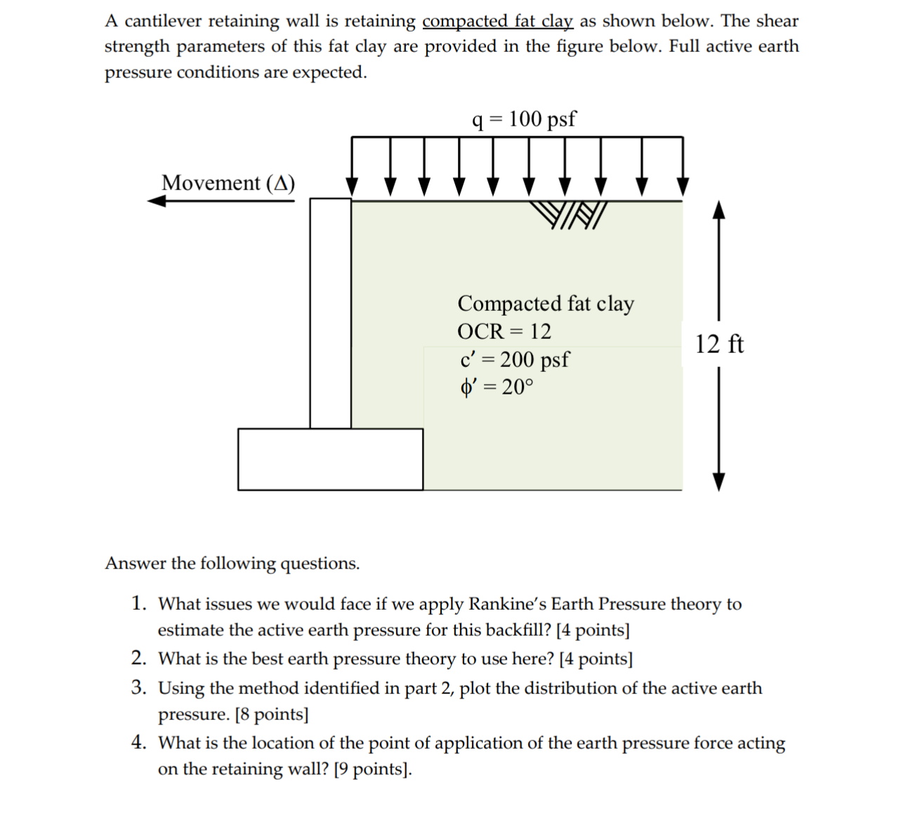 Solved A cantilever retaining wall is retaining compacted | Chegg.com