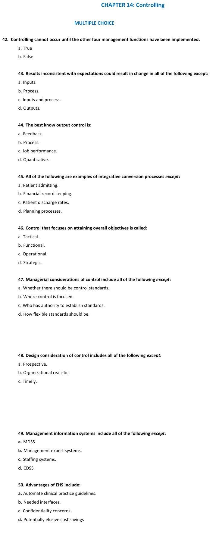 Solved CHAPTER 14: Controlling MULTIPLE CHOICE 42. | Chegg.com